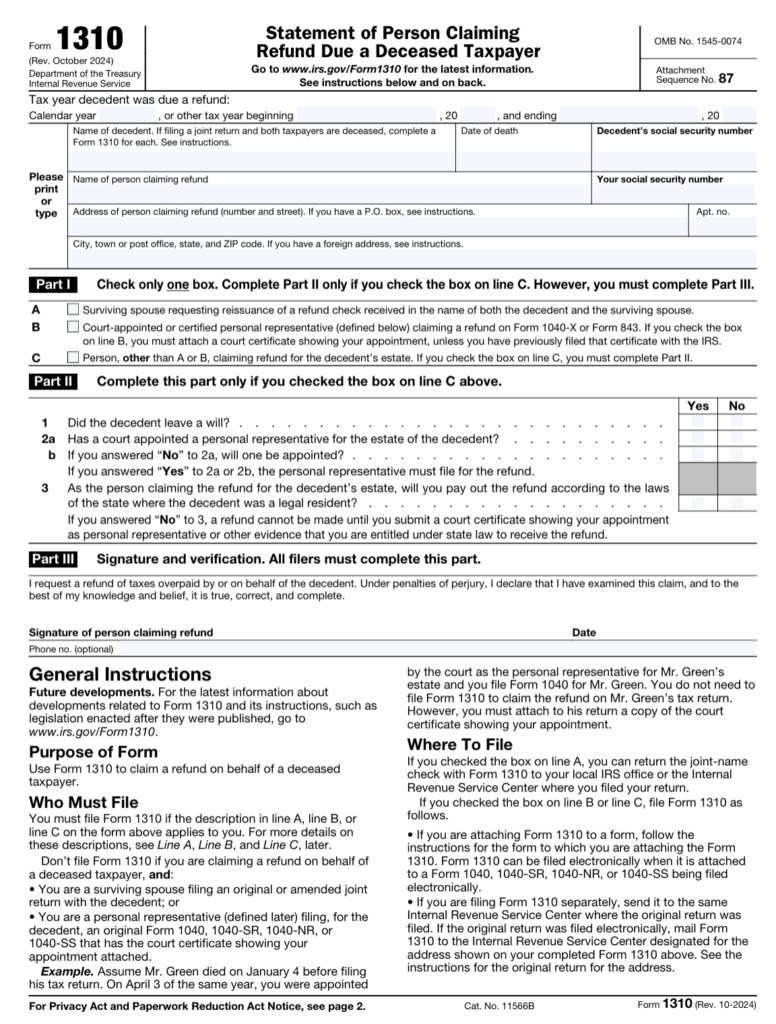 Form 1310: Claiming a Tax Refund for a Deceased Person (2025)