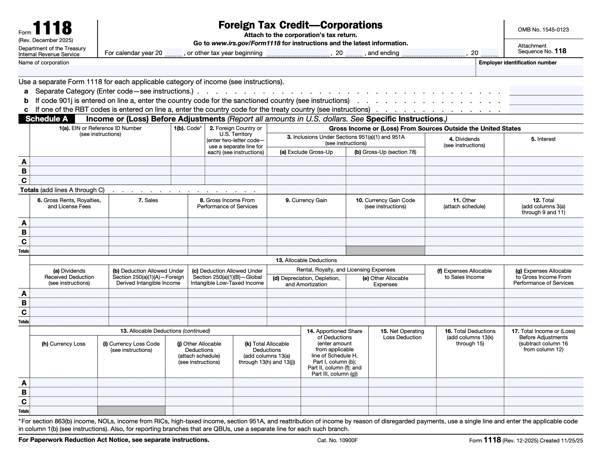 Form 1118: Corporate Foreign Tax Credit for U.S. Companies